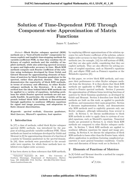 pdf solution of time dependent pde through component wise approximation of matrix functions
