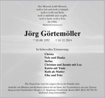Traueranzeigen von Jörg Görtemöller noz Trauerportal