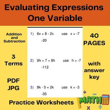Practice Evaluating Expressions One Variable Algebraic Expressions