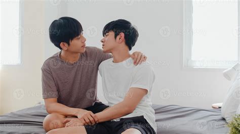 Asian Gay Couple Kissing On Bed At Home Young Asian Lgbtq Men Happy Relax Rest Together Spend