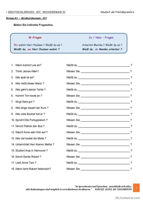 A1 Indirekte Fragen sätze umformul Deutsch DAF Arbeitsblätter pdf doc