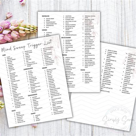 Printable Mind Sweep Trigger List Mind Sweep List Brain Dump List Brain