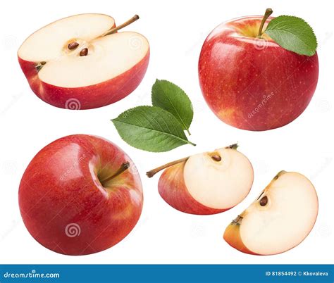 Red Apple Whole Pieces Set Isolated On White Background Stock Photo