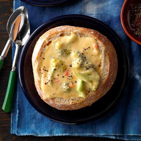 Cheesy Broccoli Soup In A Bread Bowl Recipe Taste Of Home