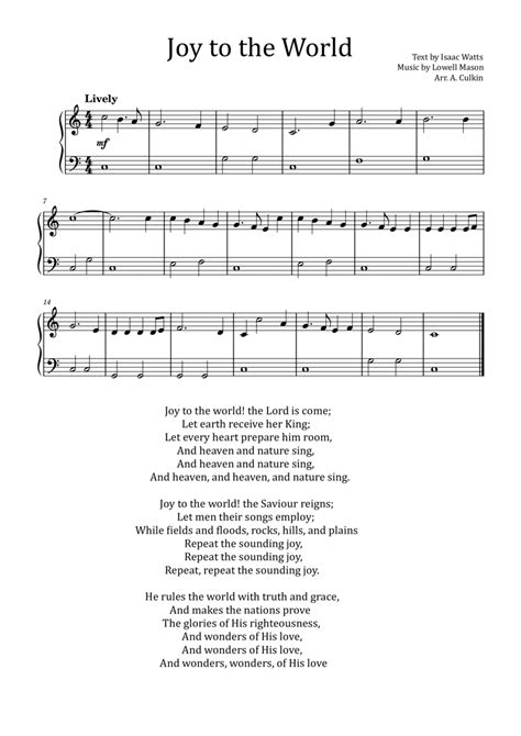 Joy To The World Easy Piano Arr A Culkin Sheet Music Lowell