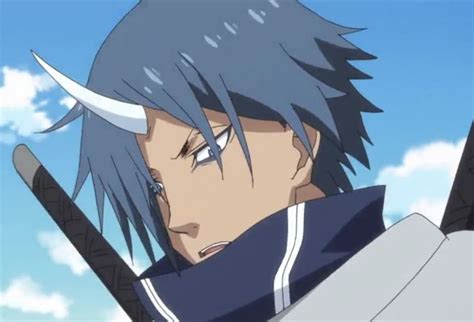 An Anime Character With Blue Hair Holding Two Swords In Front Of The