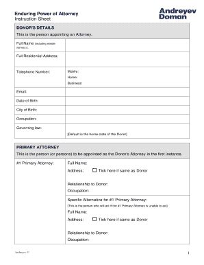 Fillable Online Enduring Power Of Attorney Instruction Sheet DONOR S