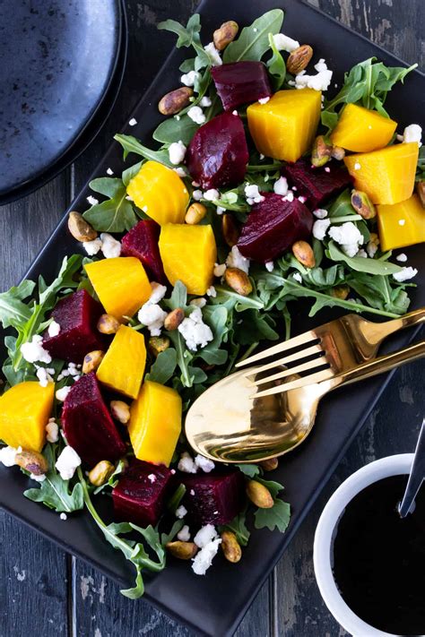 Easy Roasted Beet Salad With Goat Cheese Arugula And Pistachios