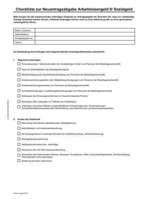 Checkliste Zur Neuantragsabgabe Jobcenter Salzlandkreis