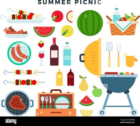 Summer Picnic Party Icons Set Barbeque Elements Food Drinks Picnic