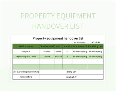 Property Equipment Handover List Excel Template And Google Sheets File