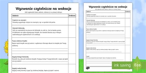 Karta Pracy Wyzwanie Czytelnicze Na Wakacje Teacher Made