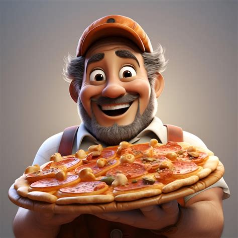 Ilustración 3D de un hombre de dibujos animados feliz con una pizza en