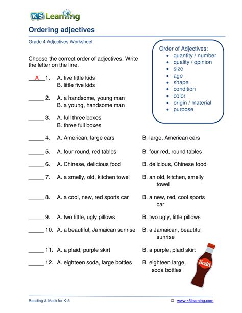 Order Of Adjectives Activity Sheets