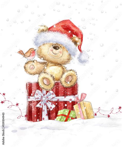 Cute Teddy Bear With Christmas Gifts In The Santa Hat Hand Drawn Teddy