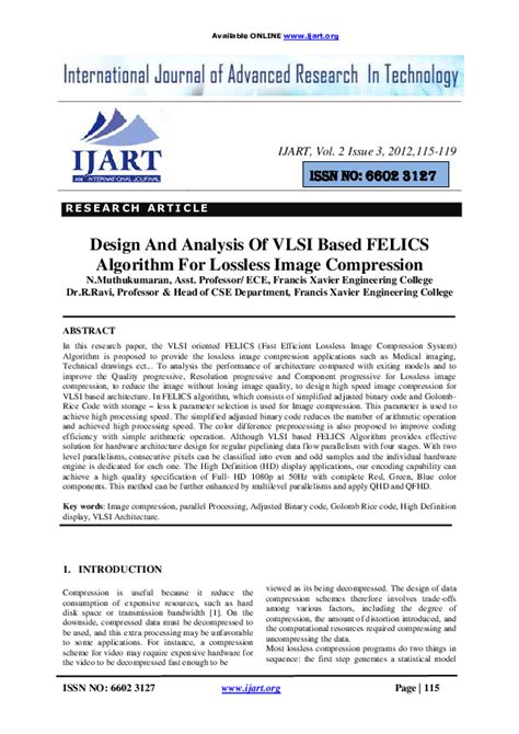 pdf design and analysis of vlsi based felics algorithm for lossless image compression dr n