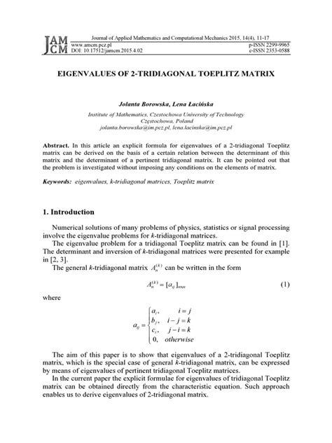 eigenvalues of 2 tridiagonal toeplitz matrix pdf eigenvalues and eigenvectors matrix