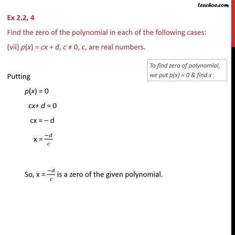 ex 2 2 4 find the zero of the polynomial in each of ex 2 2