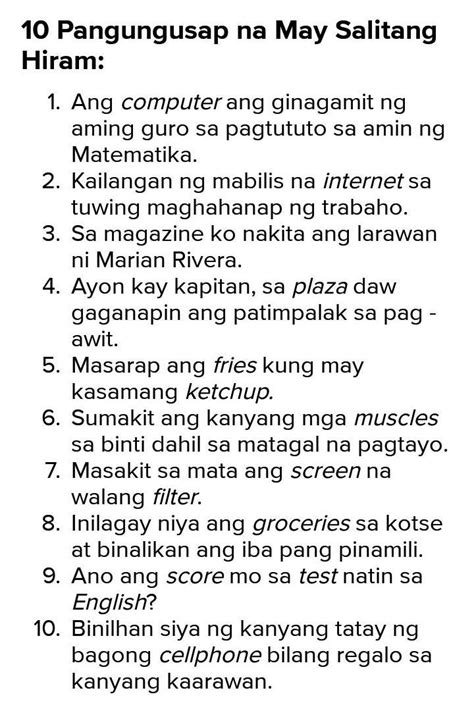 Magbigay Ng 10 Hiram Na Pangungusap Gamit Ang Salitang Hiram Brainly Ph