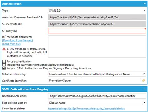 Saml Configuration Settings