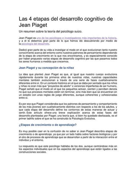 Las 4 Etapas Del Desarrollo Cognitivo De Jean Piaget DocsPsicologia