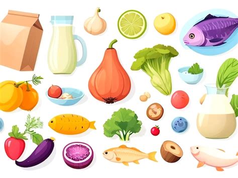Conjunto De Alimentos Saludables Hortalizas Frutas Leche Hongos Y Peces