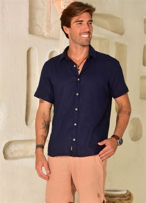 Camisa Botão Manga Curta Linho Blue Space