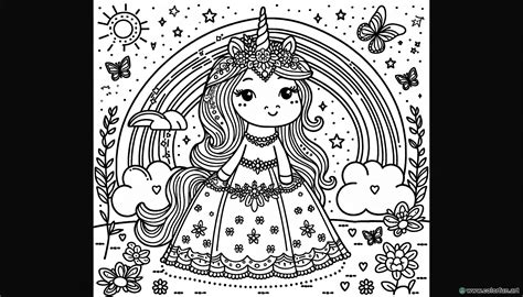 Dibujo para colorear de una princesa unicornio en el arcoíris