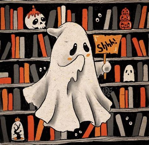 A Book Shelf Filled With Lots Of Books Covered In White Ghost Costumes