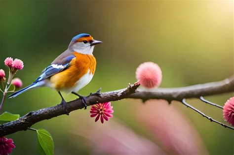 Premium AI Image A Bird Is Perched On A Branch With A Pink Flower In