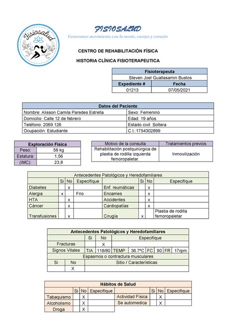 Total 31 Imagen Modelo De Historia Clinica De Fisioterapia Abzlocal Mx