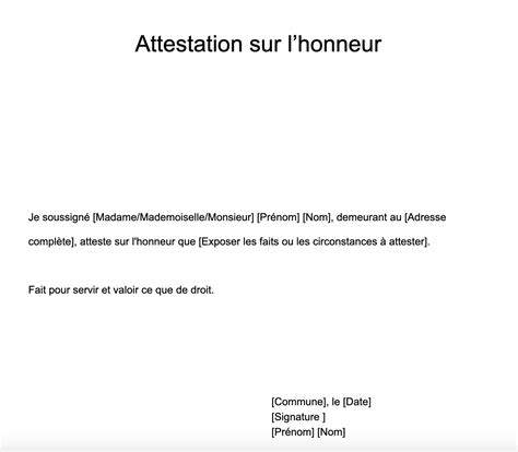 Attestation sur l honneur Modèle Word et PDF avec exemple