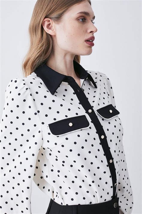 Tall Pin Dot Twill Trimmed Woven Shirt Karen Millen Karen Millen
