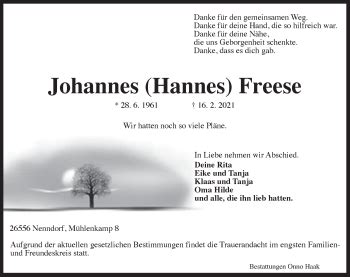 Traueranzeigen Von Johannes Freese Nordwest Trauer De