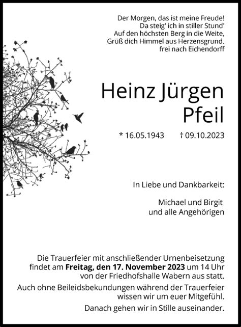 Traueranzeigen von Heinz Jürgen Pfeil Trauer HNA de