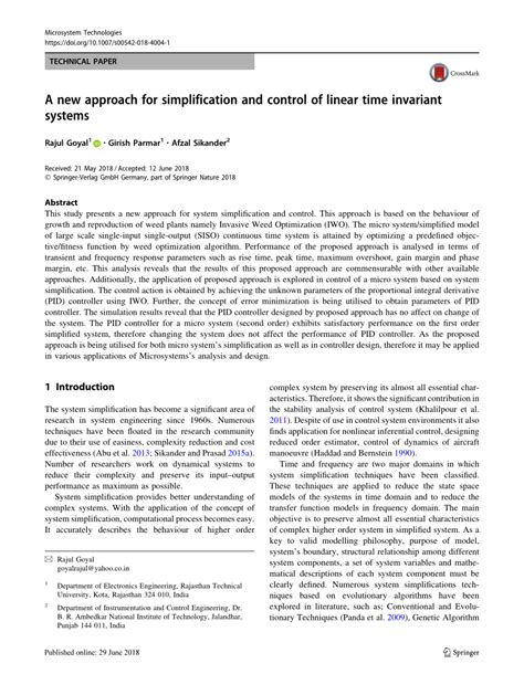pdf a new approach for simplification and control of linear time invariant systems