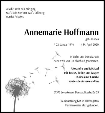 Traueranzeigen Von Annemarie Hoffmann WirTrauern