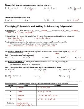 Classifying Adding And Subtracting Polynomials Notes Sheet By M T Set