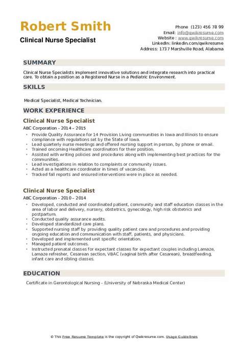 Clinical Nurse Specialist Resume Samples Qwikresume