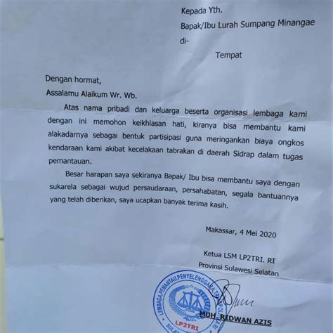 Surat Permintaan Bantuan Dana Ketua LSM LP2TRI RI Sulsel Ke Lurah