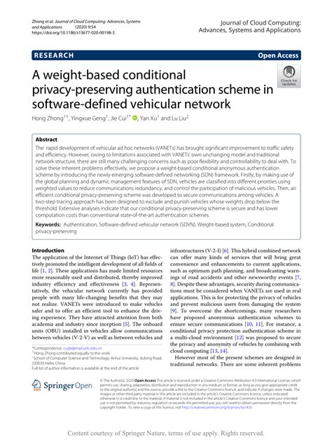pdf a weight based conditional privacy preserving authentication scheme in software defined