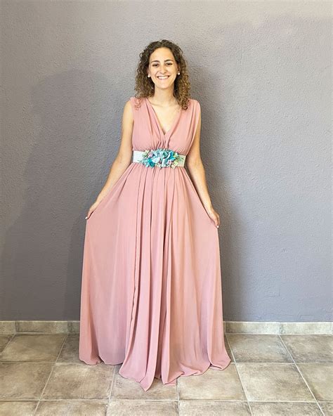 Vestido De Fiesta Largo Escote Pico Tirante Ancho De Gasa Rosa Palo