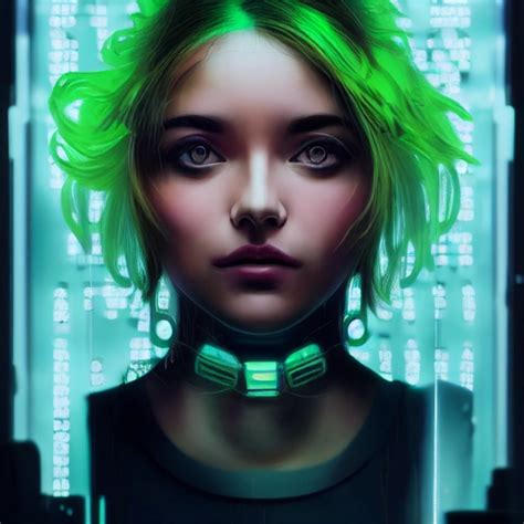 Cyberpunk Girl With Green Hair Behind A Computer Screen Midjourney Openart