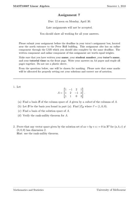 assignment 7 2018 s1 mast10007 linear algebra semester 1 2018 assignment 7 due 12 noon on