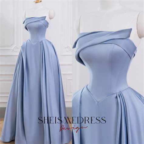 Light Blue Strapless Prom Dresses Long Satin Ball Gown Formal Dress For