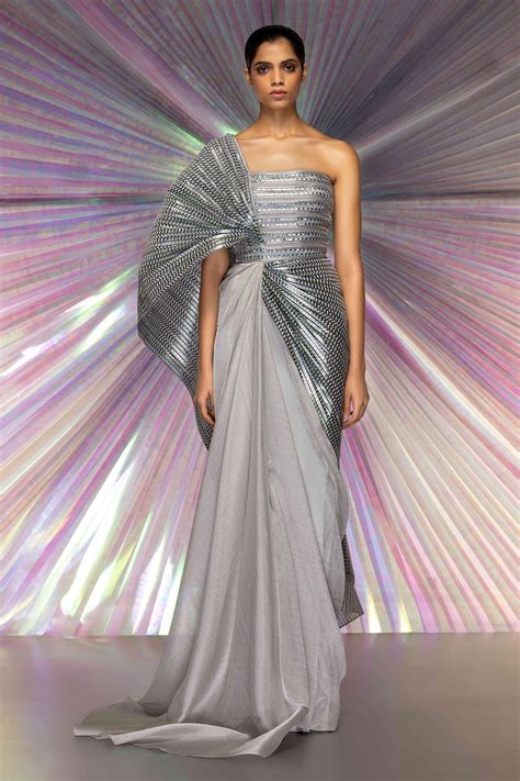 Buy Amit Aggarwal Silver Striped Fabric Metallic Structured Saree Gown