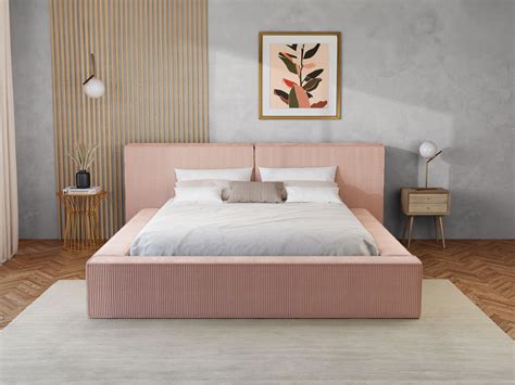 Lit coffre 160 x 200 cm en velours côtelé rose TIMANO