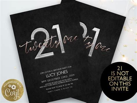 21st Birthday Invitation Editable Template Twenty One Invite Elegant