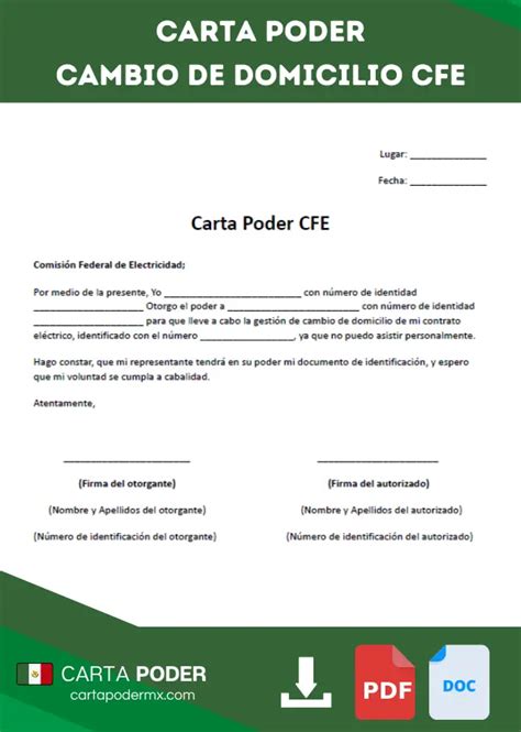 ᐅ Carta Poder para Cambio de Domicilio CFE 2024