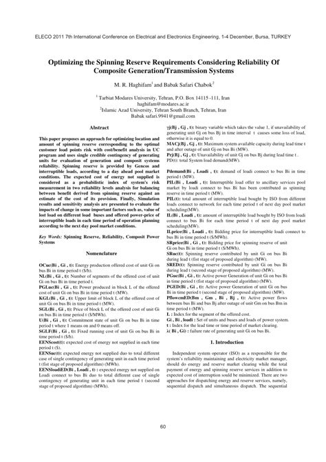 pdf optimizing the spinning reserve requirements considering reliability of composite